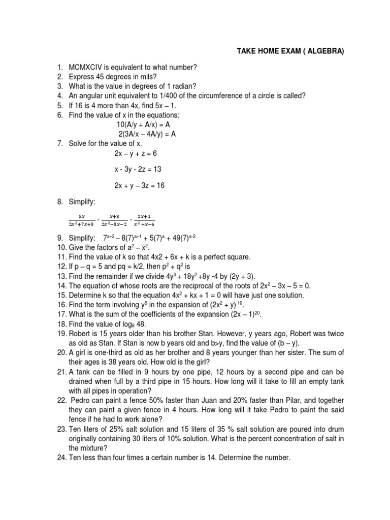 Take Home Exam (Algebra) | PDF | Equations | Algebra