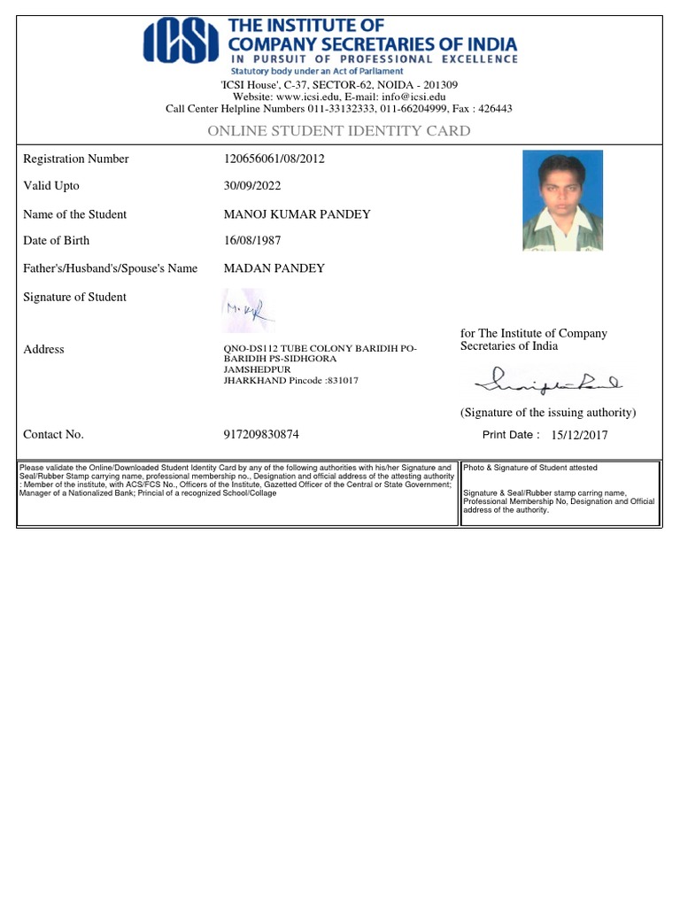 ICSI Student ID Card Details | PDF | Access Control | Written Communication