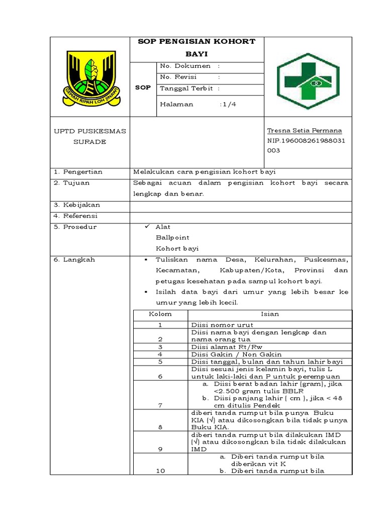 Sop Pengisian Kohort Bayii | PDF