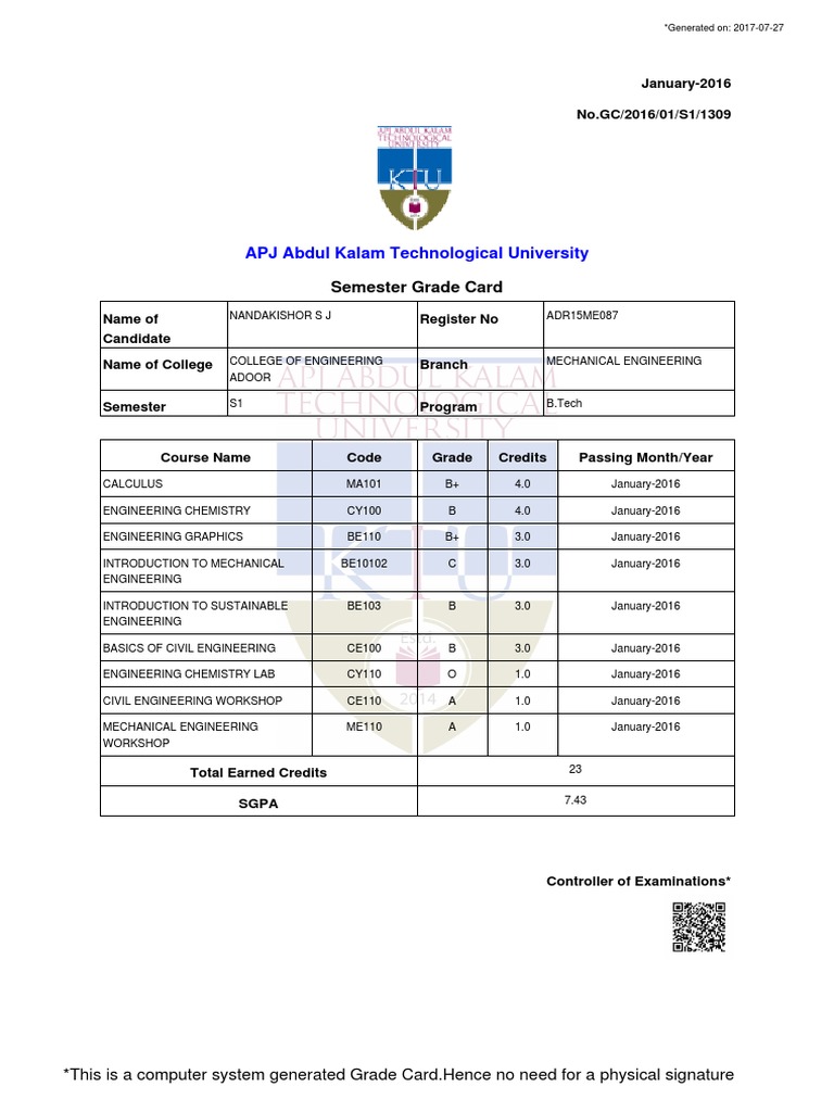 KTU Semester Grade Card for Nandakishor S J | PDF | Technology ...