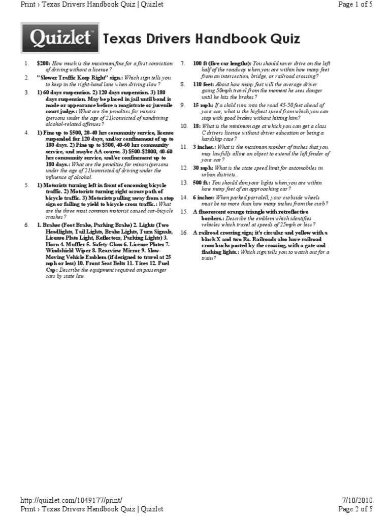 Texas Drivers Handbook Quiz Answers | PDF | Lane | Traffic