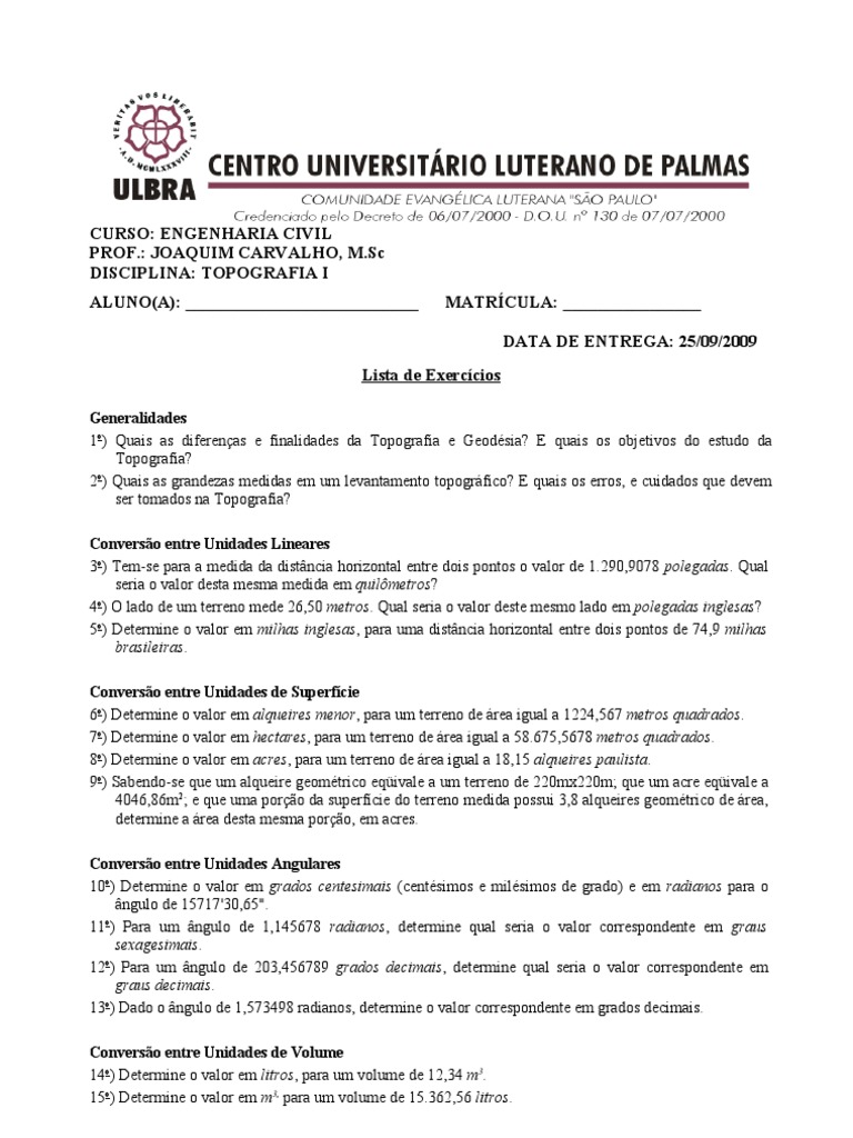 Lista Exerc. G1 2009.2 | PDF | Geomática | Geografia