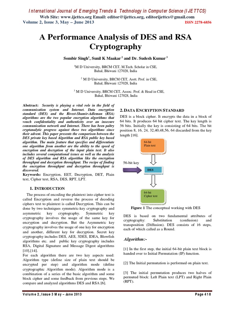 A Performance Analysis of DES and RSA PDF | PDF | Cryptography | Key (Cryptography)