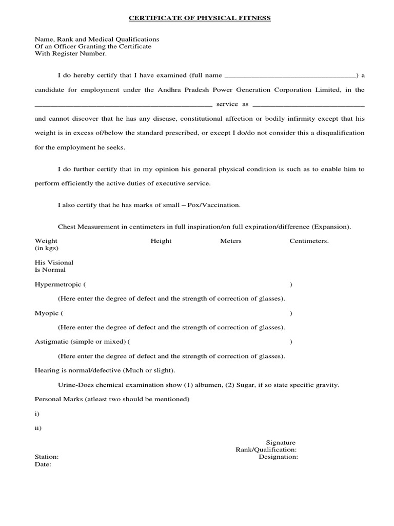 Apgenco 2012 Certificate of Fitness 22032012 | PDF | Epidemiology | Clinical Medicine