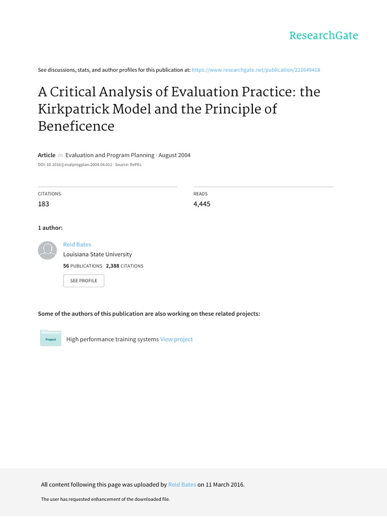 A Critical Analysis of Evaluation Practice: The Kirkpatrick Model and ...