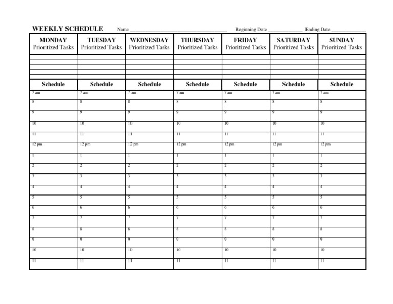 A Weekly Schedule Template With Prioritized Daily Tasks and Hourly Time ...