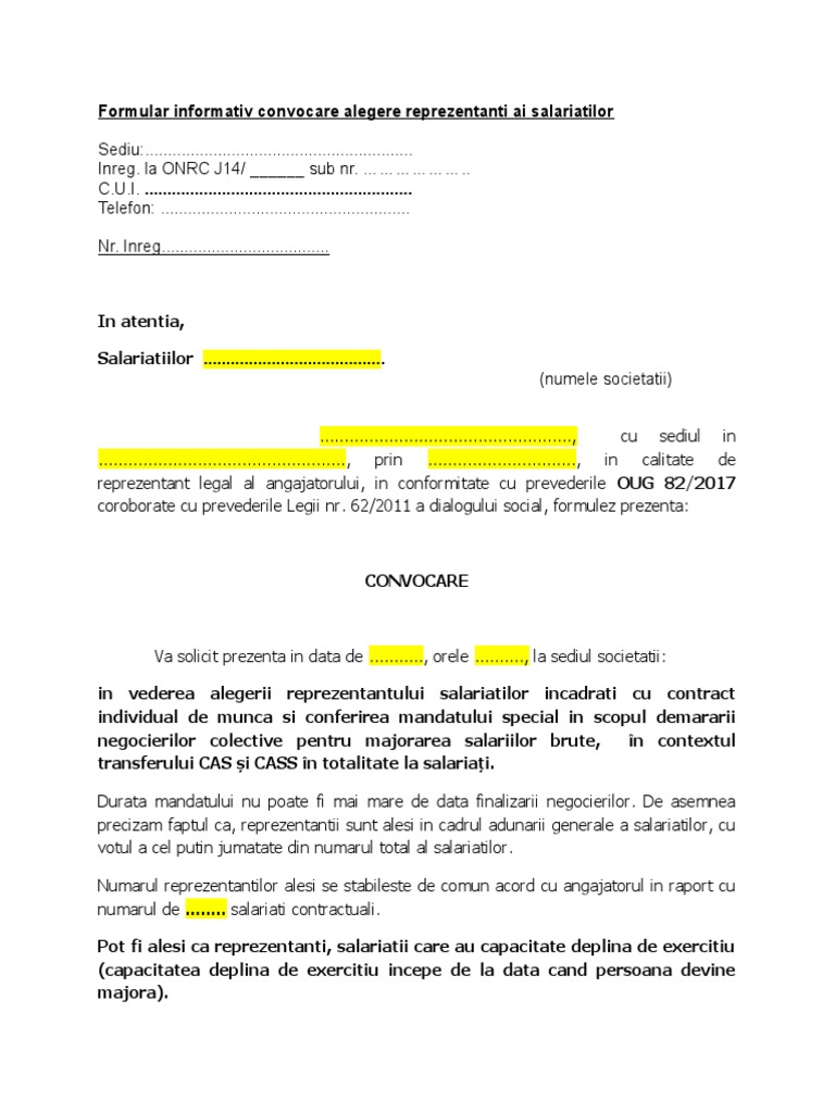 Formular Informativ Convocare Alegere Reprezentanti Ai Salariatilor | PDF