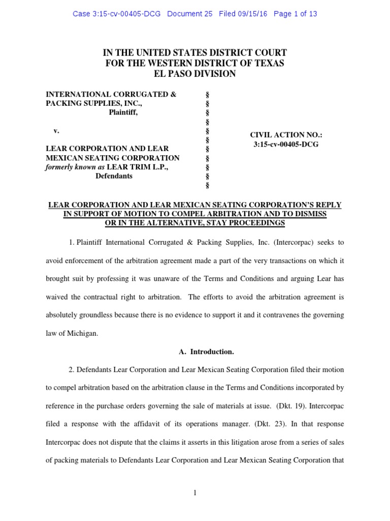 Intercopac v. Lear 25 - Reply in Support of Motion To Compel ...