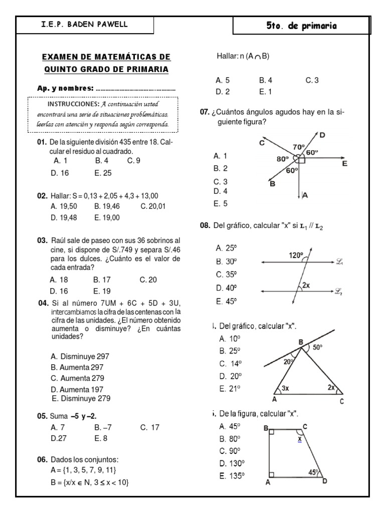 Examen de Matemáticas de Quinto Grado de Primaria | PDF | Enseñanza de matemática