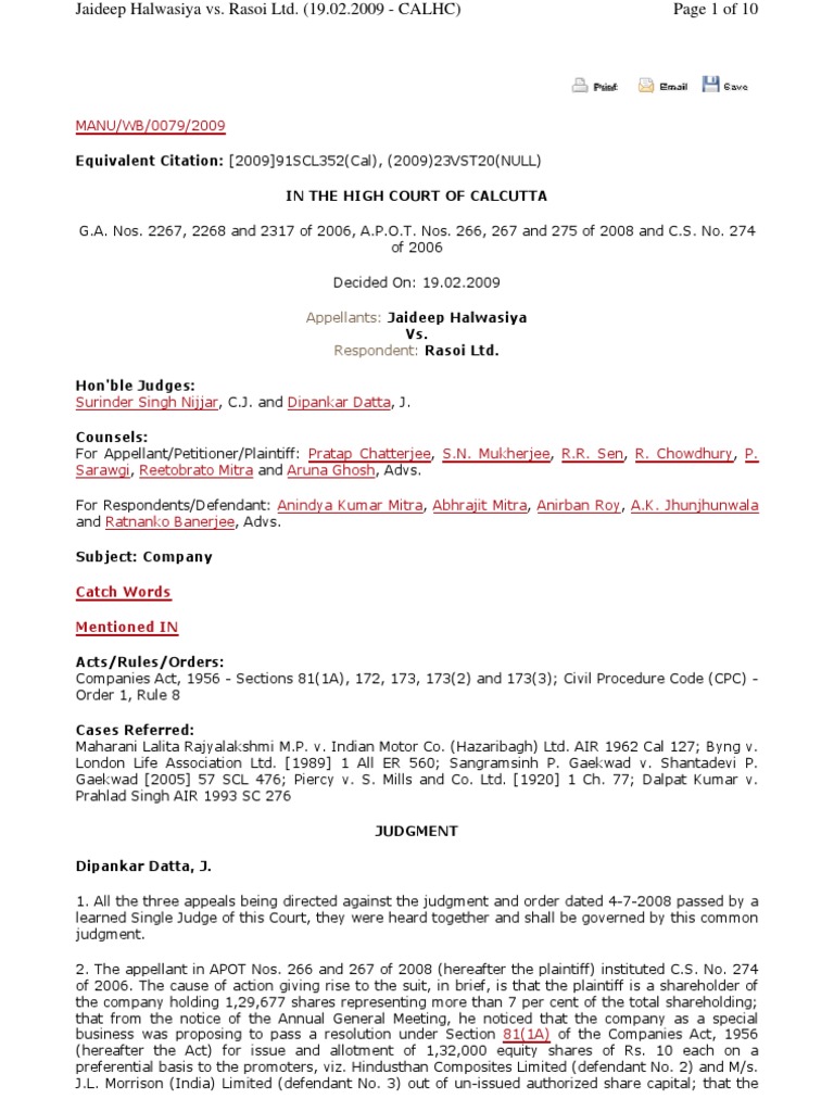Halwasiya vs. Rasoi Ltd. Case Summary | PDF | Board Of Directors | Lawsuit