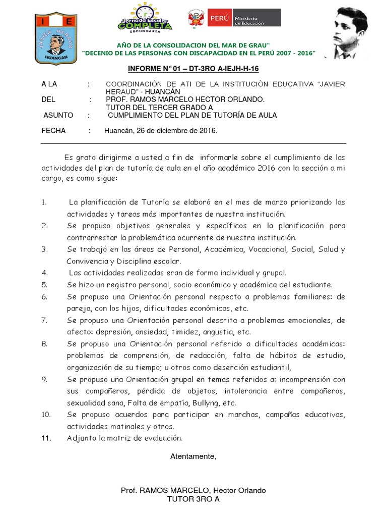 Modelo de Informe de Tutoria | Salón de clases | Conceptos psicologicos