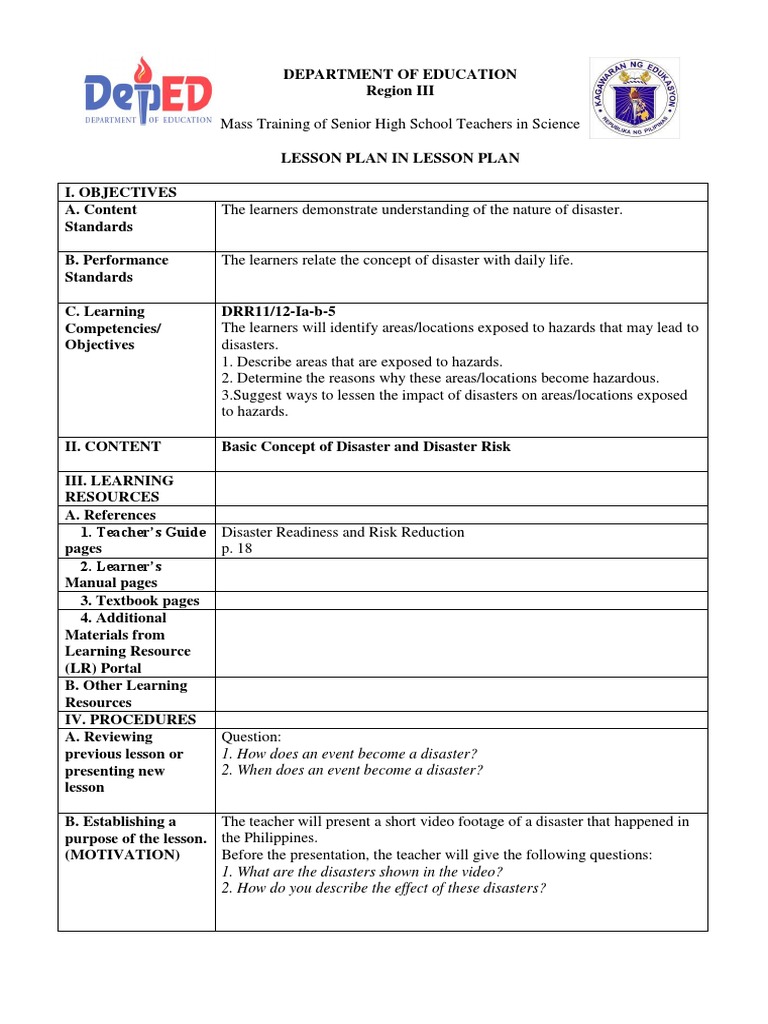 DRR11 12 Ia B 5 | PDF | Lesson Plan | Educational Assessment