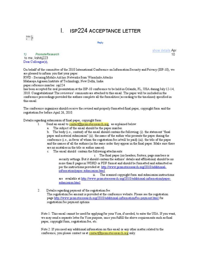 Isp Acceptance Letter: 1) Promoteresearch | Download Free PDF ...