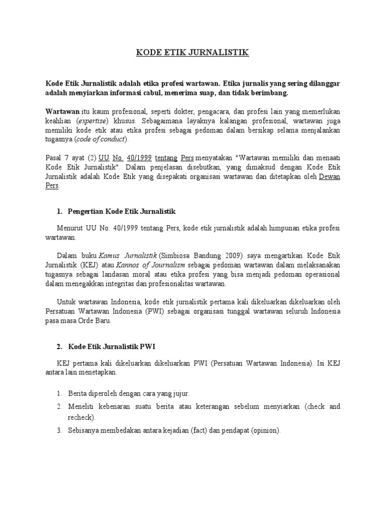 Kode Etik Jurnalistik Adalah Etika Profesi Wartawan | PDF