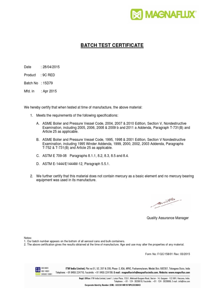 Batch Test Certificate | PDF