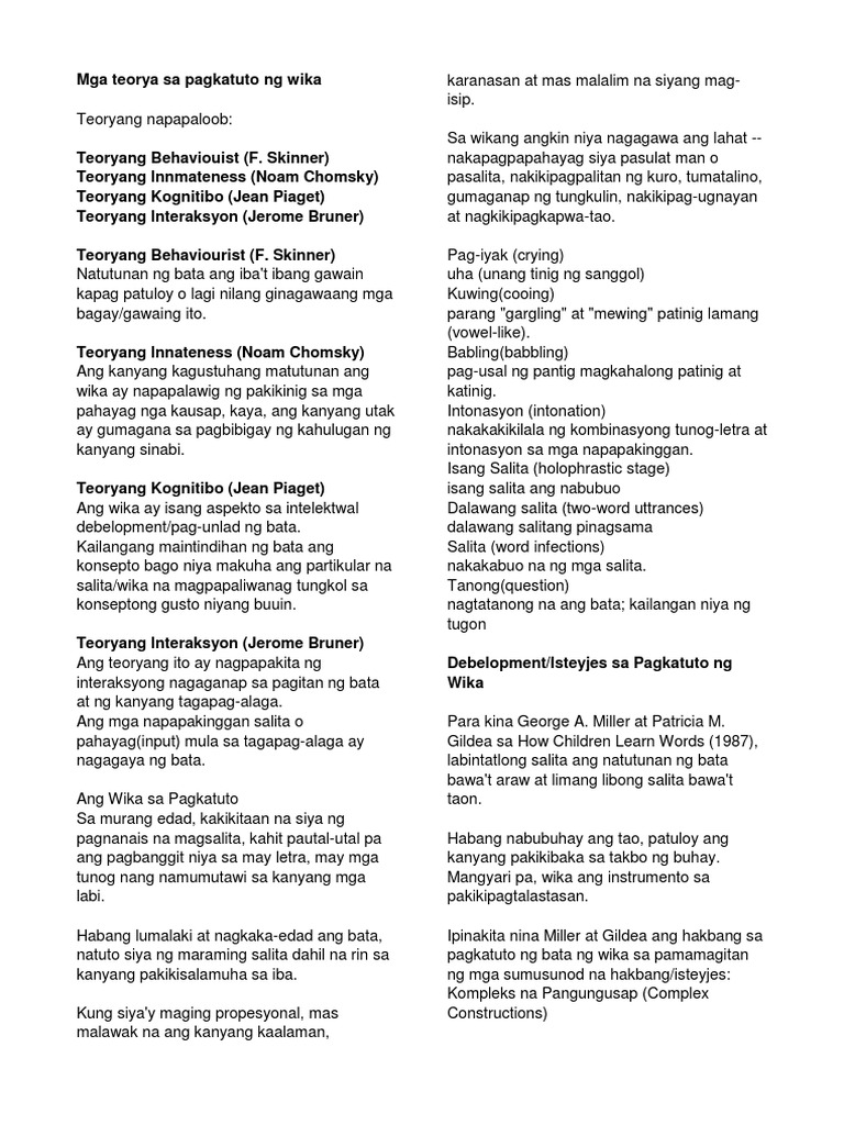 Mga Teorya Sa Pagkatuto NG Wika | PDF