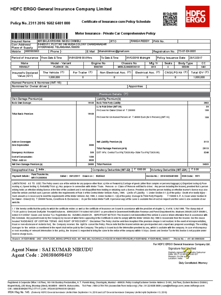 Comprehensive Car Insurance Policy Sample | PDF | Vehicle Insurance ...