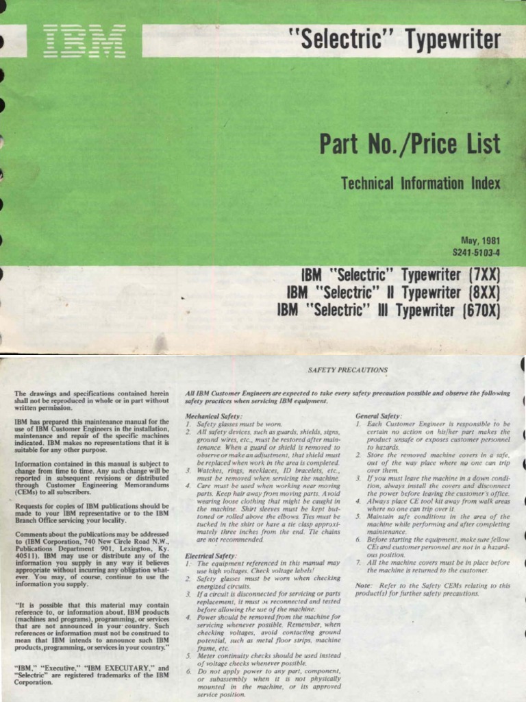 IBM Selectric Typewriter Parts Price List | PDF | Typewriter | Equipment