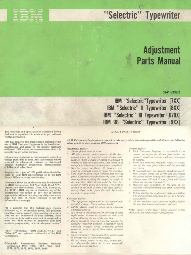 IBM, 1980 - "Selectric" Typewriter Adjustment Parts Manual | PDF ...