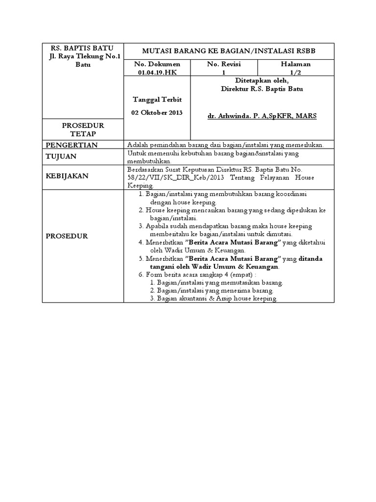Prosedur Mutasi Barang RS. Baptis Batu | PDF