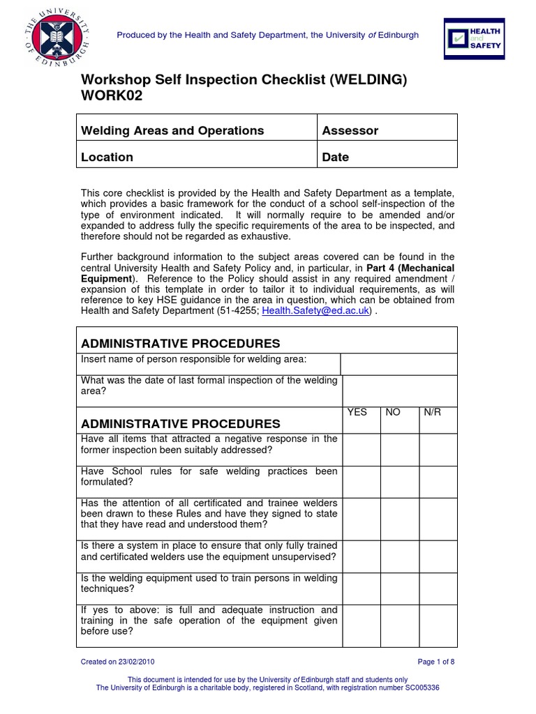 Workshop Self Inspection Checklist | PDF | Occupational Safety And Health | Welding