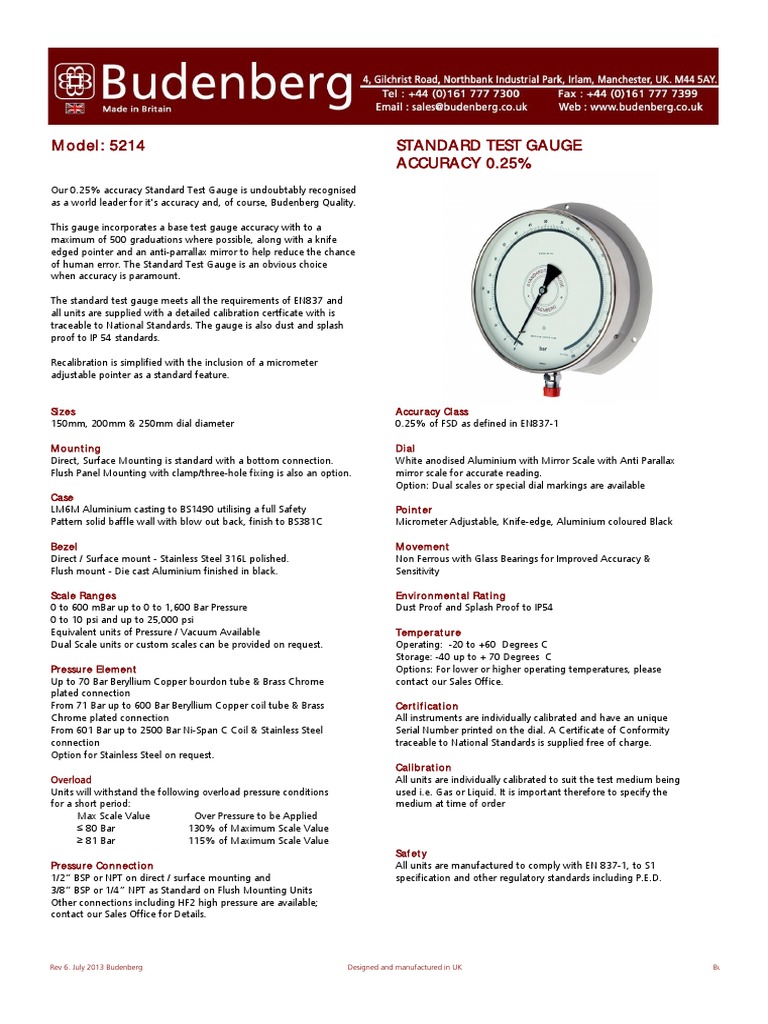 Accuracy Standard Test Gauge | PDF | Calibration | Pressure Measurement