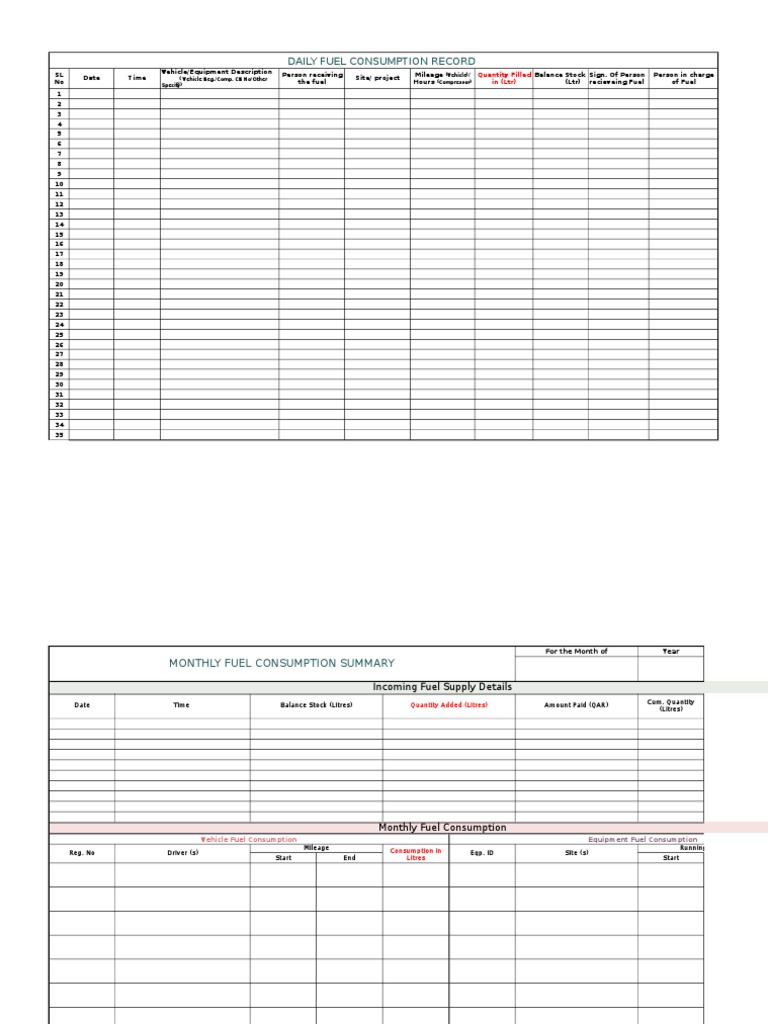 Daily Fuel Consumption Log Template | PDF