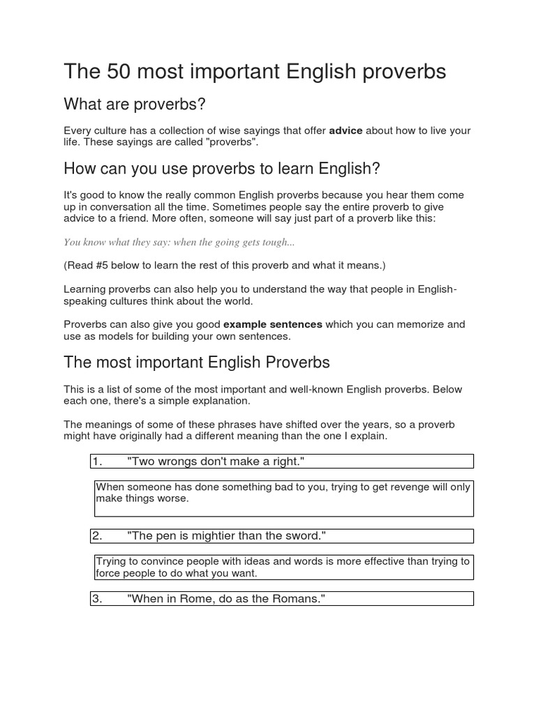 The 50 Most Important English Proverbs | PDF | Proverb | English Language
