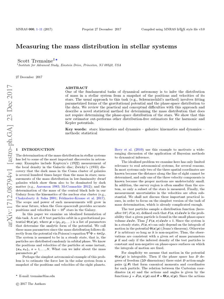 Measuring The Mass Distribution in Stellar Systems: Scott Tremaine | PDF | Bias Of An Estimator ...