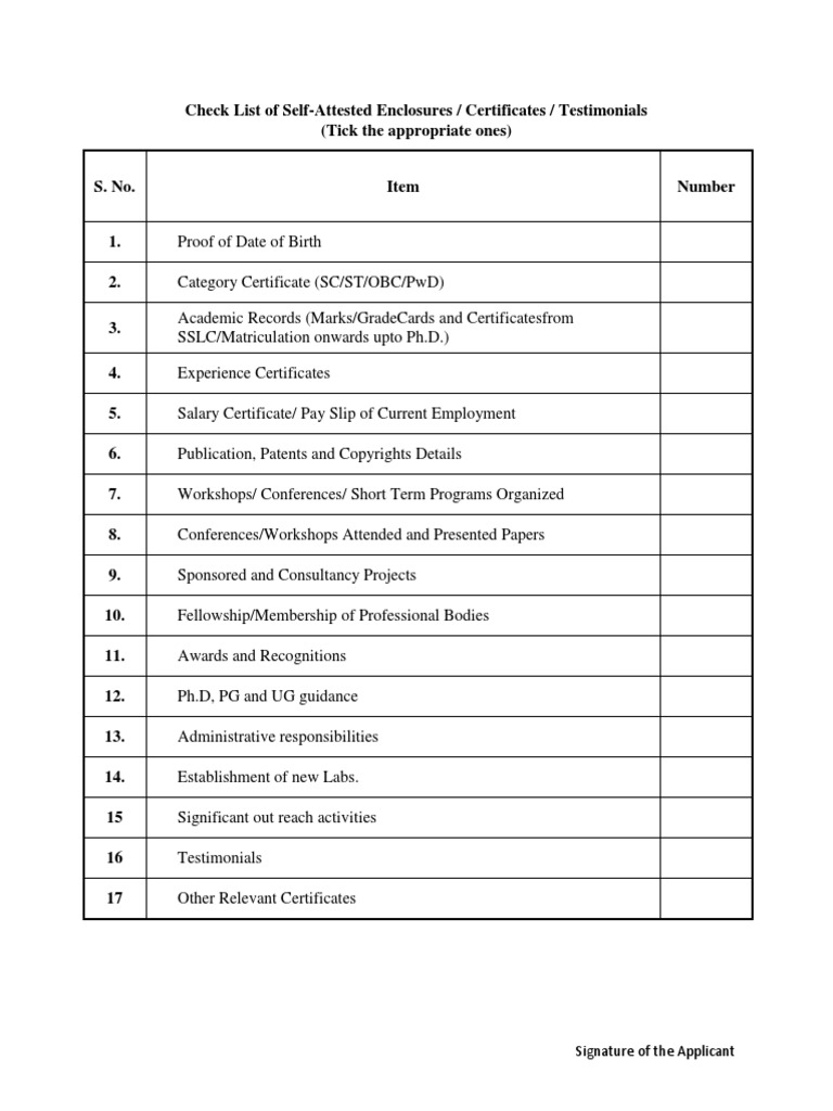 Check List of Self-Attested Enclosures / Certificates / Testimonials ...