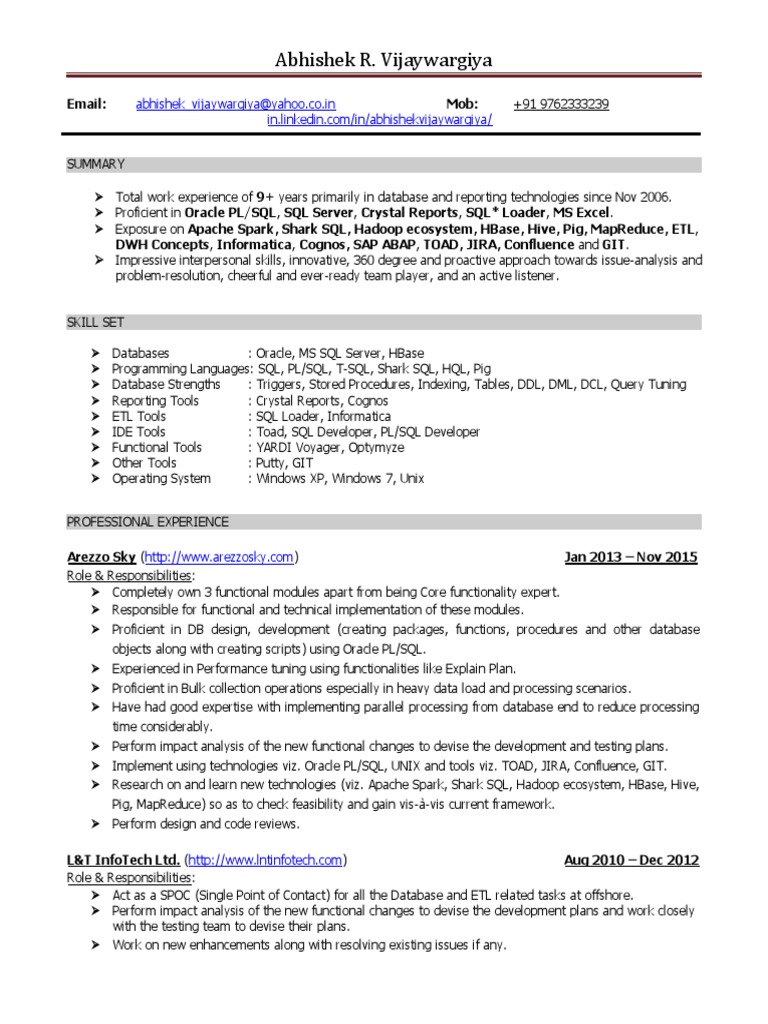 Resume Abhishek Vijaywargiya | PDF | Pl/Sql | Sql