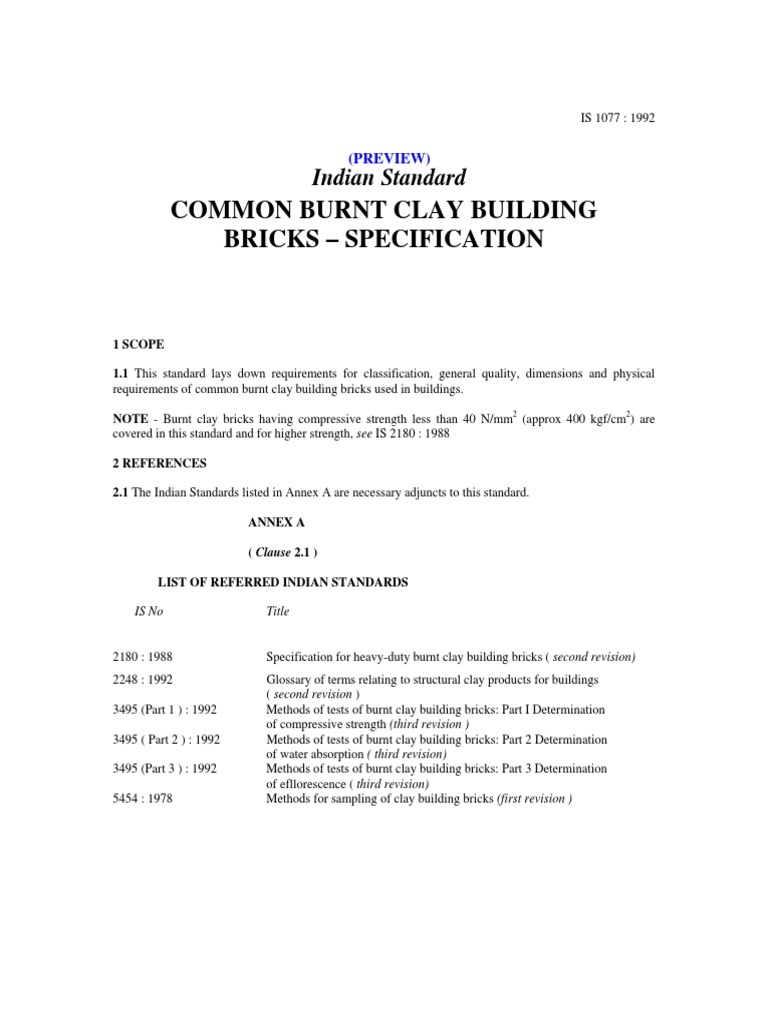 Common Burnt Clay Building Bricks - Specification: Indian Standard ...