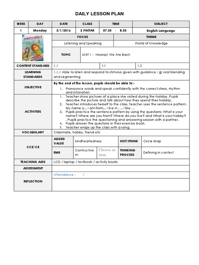 Daily Lesson Plan: Choose An Item | PDF | Lesson Plan | English Language