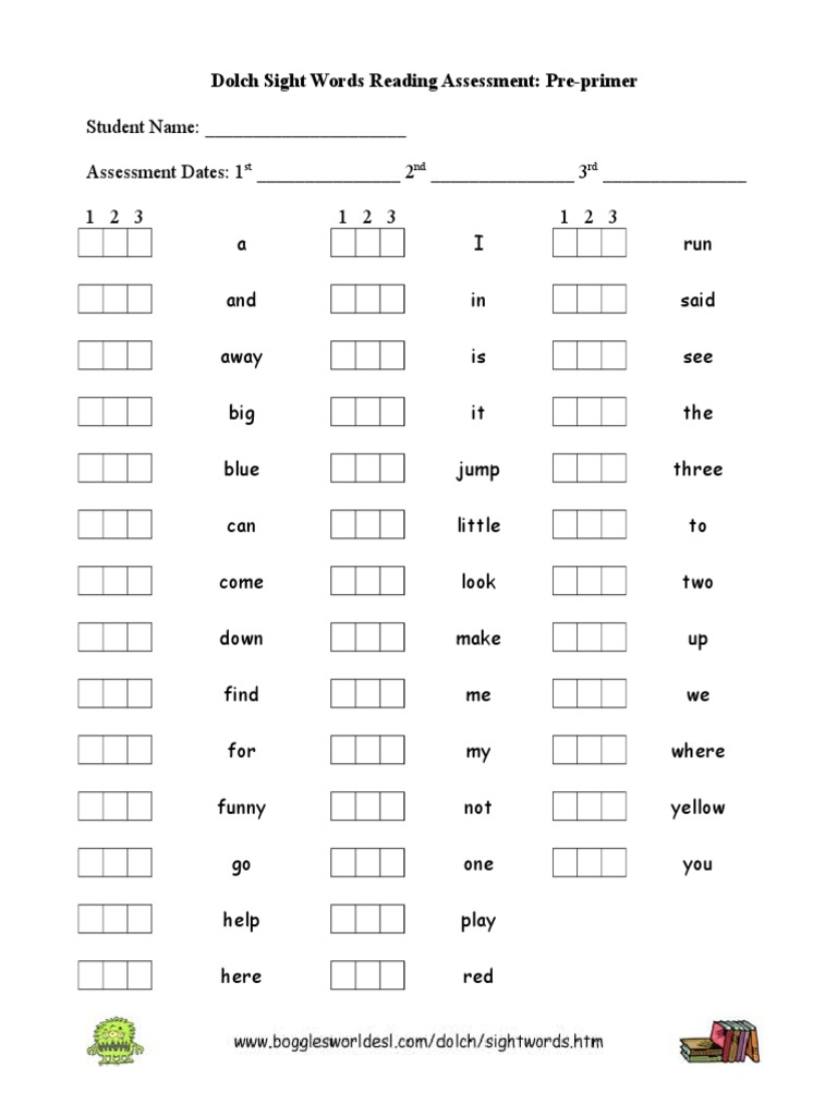 Dolch Pre-primer Sight Words Test | PDF