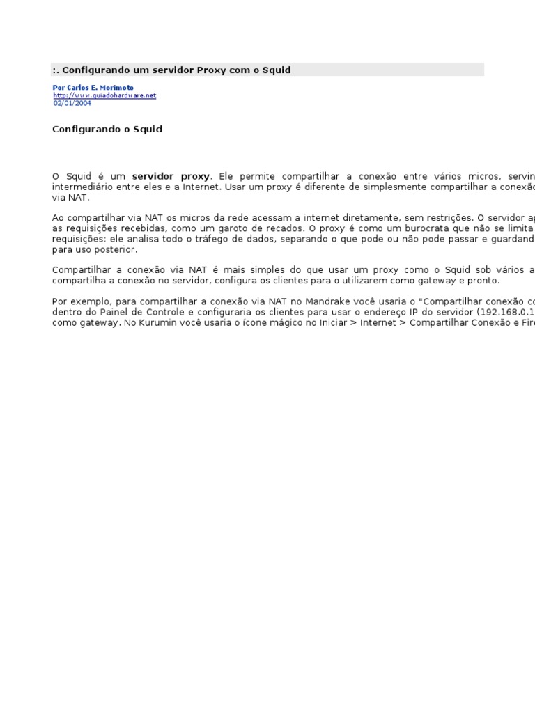 Artigo - PROXY - Configurando o SQUID - Por Morimoto PDF | PDF | Servidor Proxy | Memória de ...