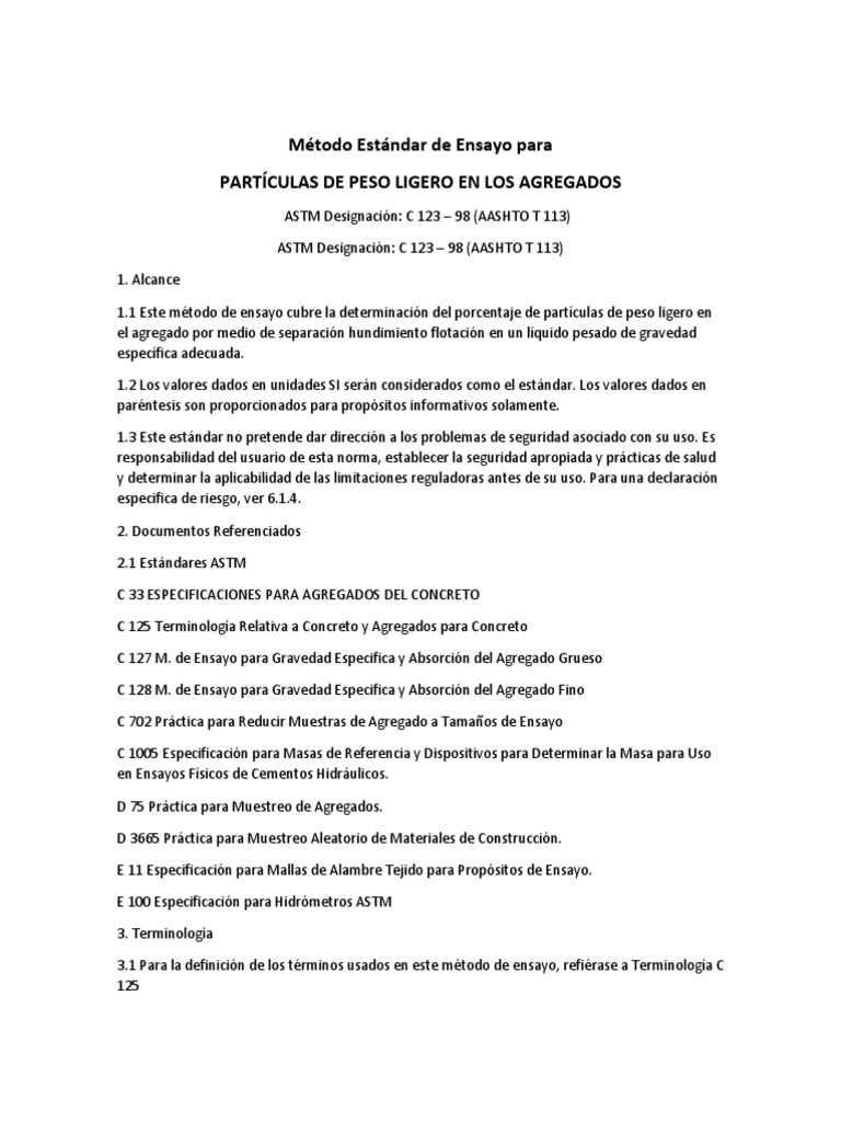 Astm c123 Particulas de Peso Ligero | PDF | Absorción (Química) | Masa