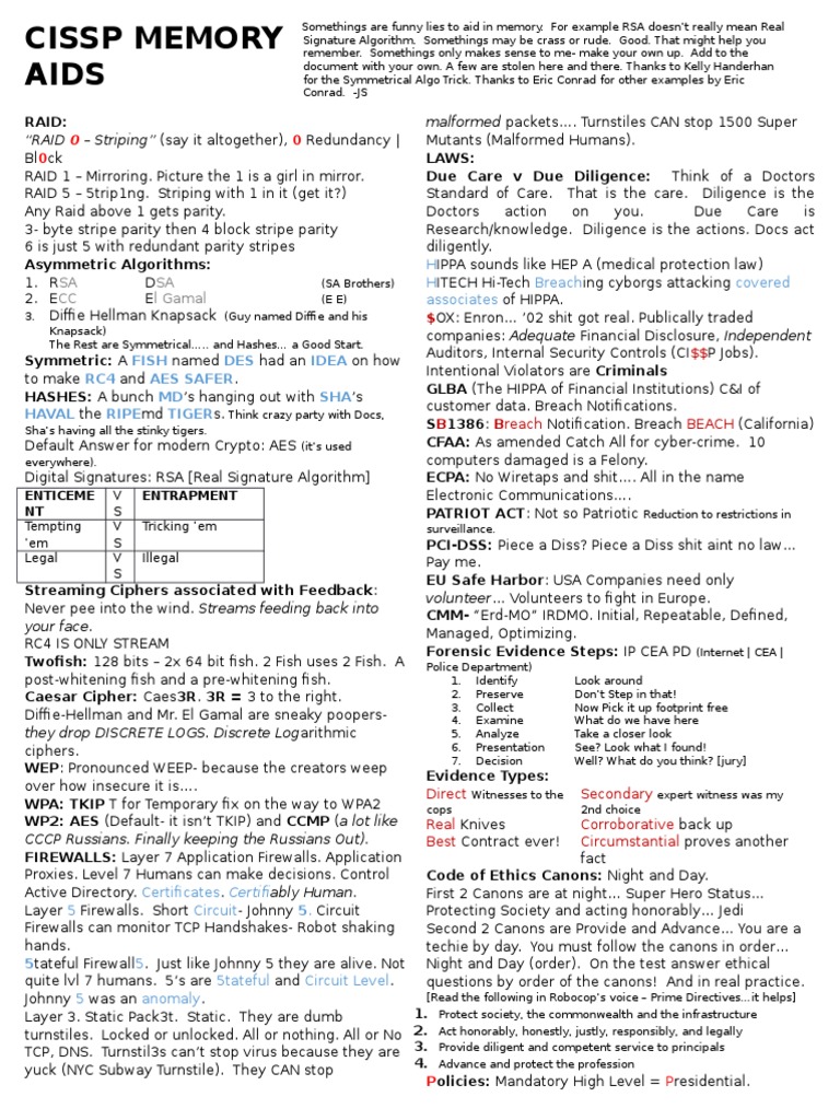 Cissp Memory Aid | PDF | Vulnerability (Computing) | Classified Information