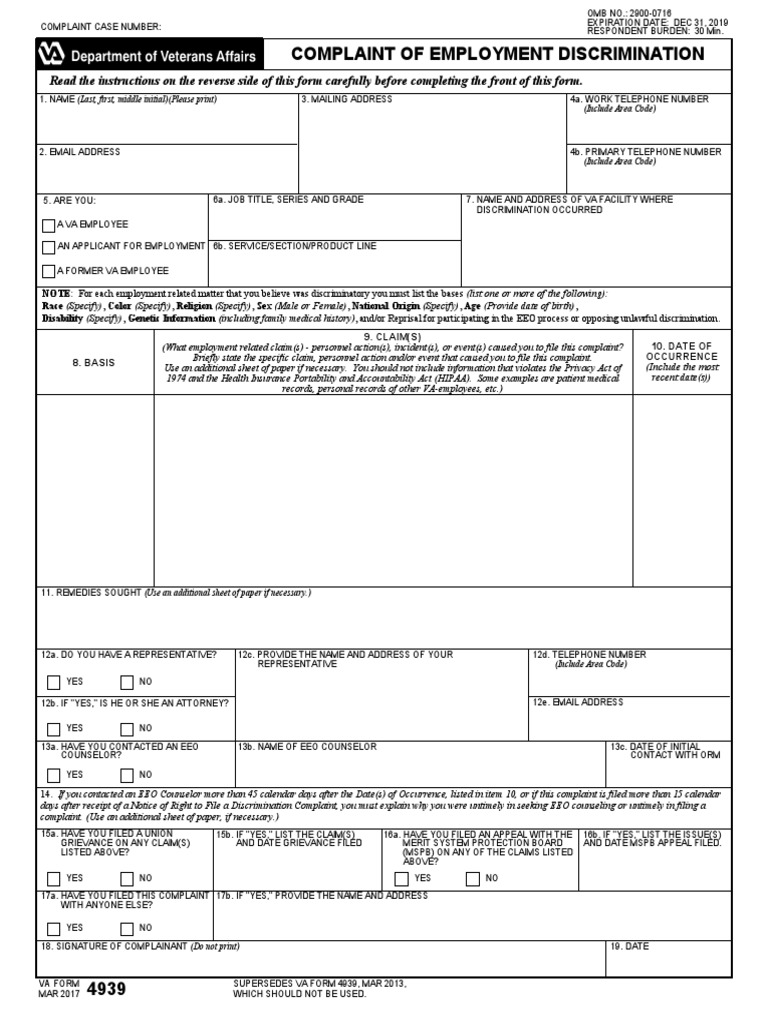 VA Employment Discrimination Complaint Form | PDF | Equal Employment ...