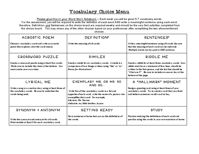 Vocabulary Choice Menu | PDF | Vocabulary | Mystery
