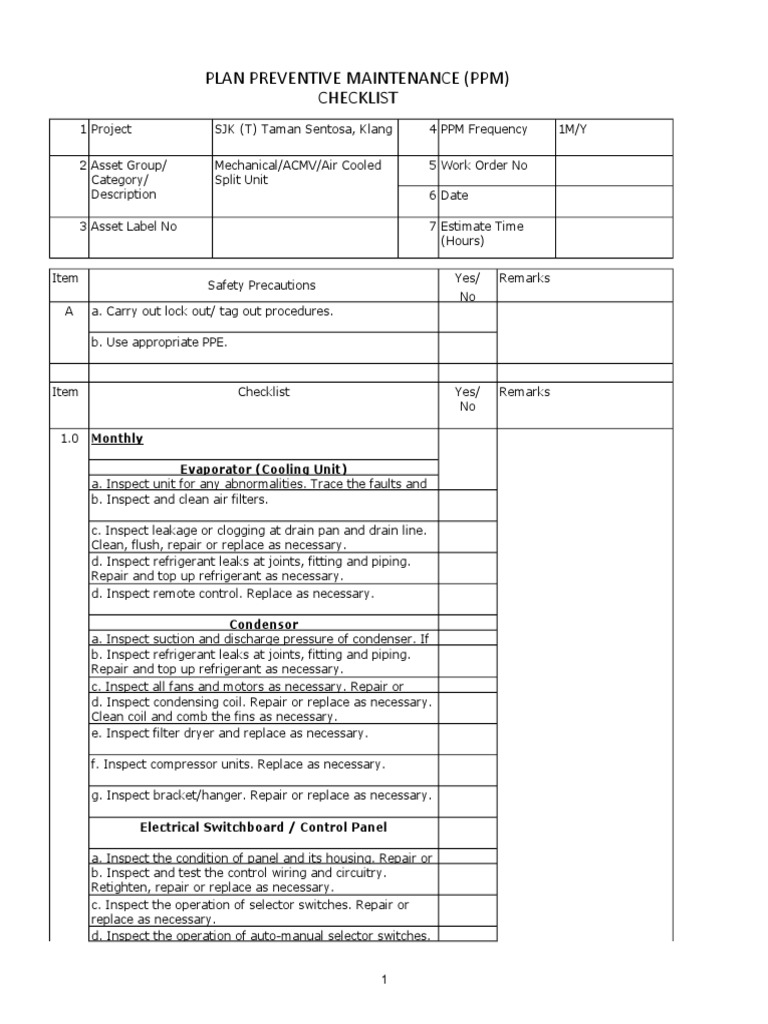 PPM CHECKLIST FOR AIR COOLED SPLIT UNIT | PDF | Mechanical Engineering ...