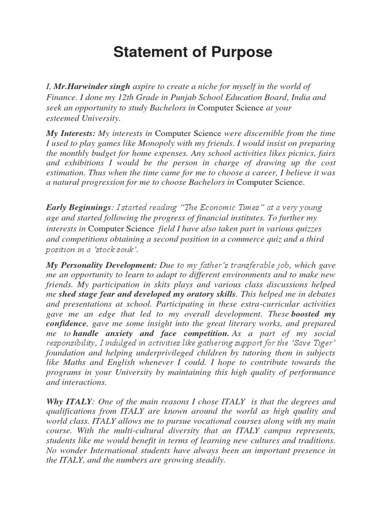 Statement of Purpose: Computer Science | PDF | Behavior Modification ...