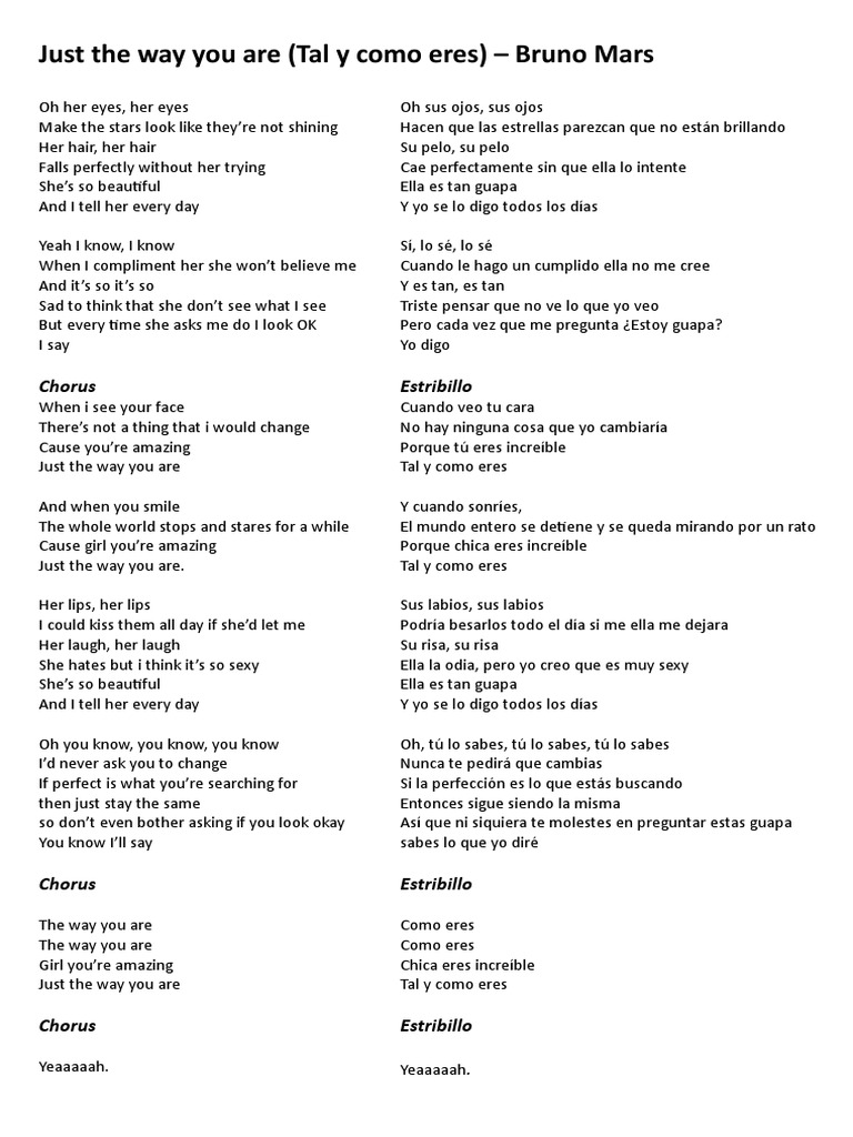 Bruno Mars - Just The Way You Are With Translation | PDF | Musica en ...