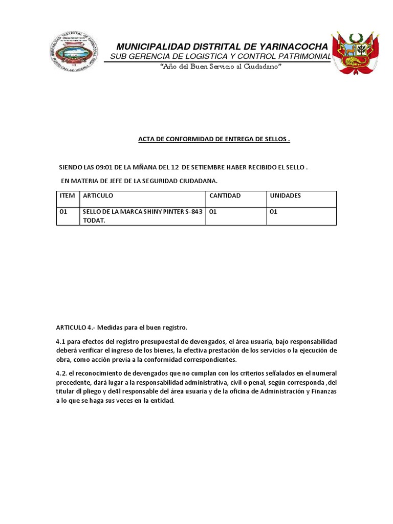 Acta de Conformidad de Entrega de Sellos | PDF