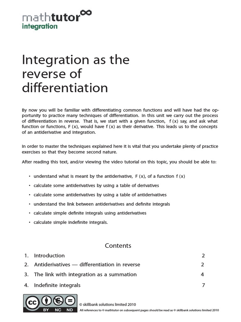 Integration As The Reverse Of Differentiation Pdf Integral Derivative