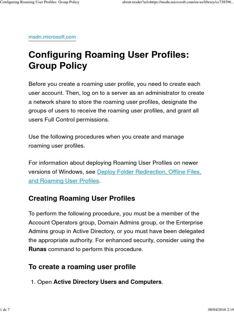 Configuring Roaming User Profiles - Group Policy PDF | PDF | Windows ...
