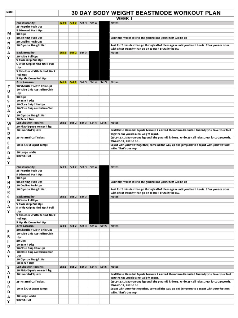 30 Day Workout Sheet | PDF | Thorax | Physical Exercise