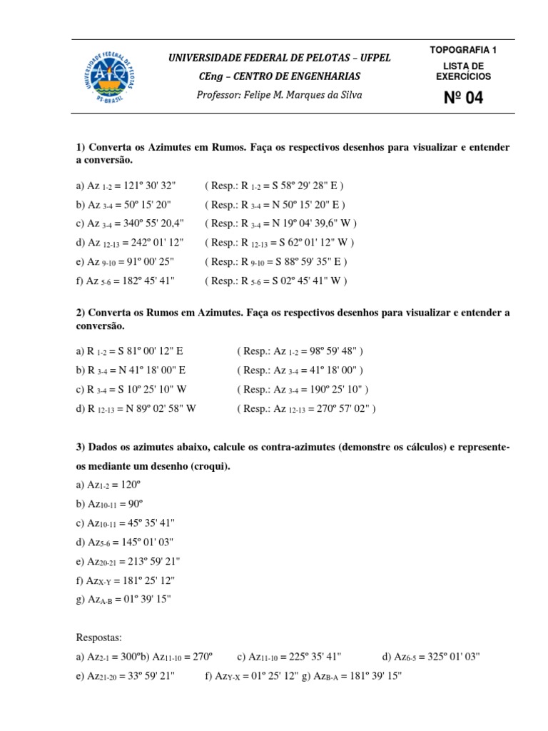 Lista Exercícios 4 Topografia 1 Azimute Rumos E Contraazimutes Pdf 1152
