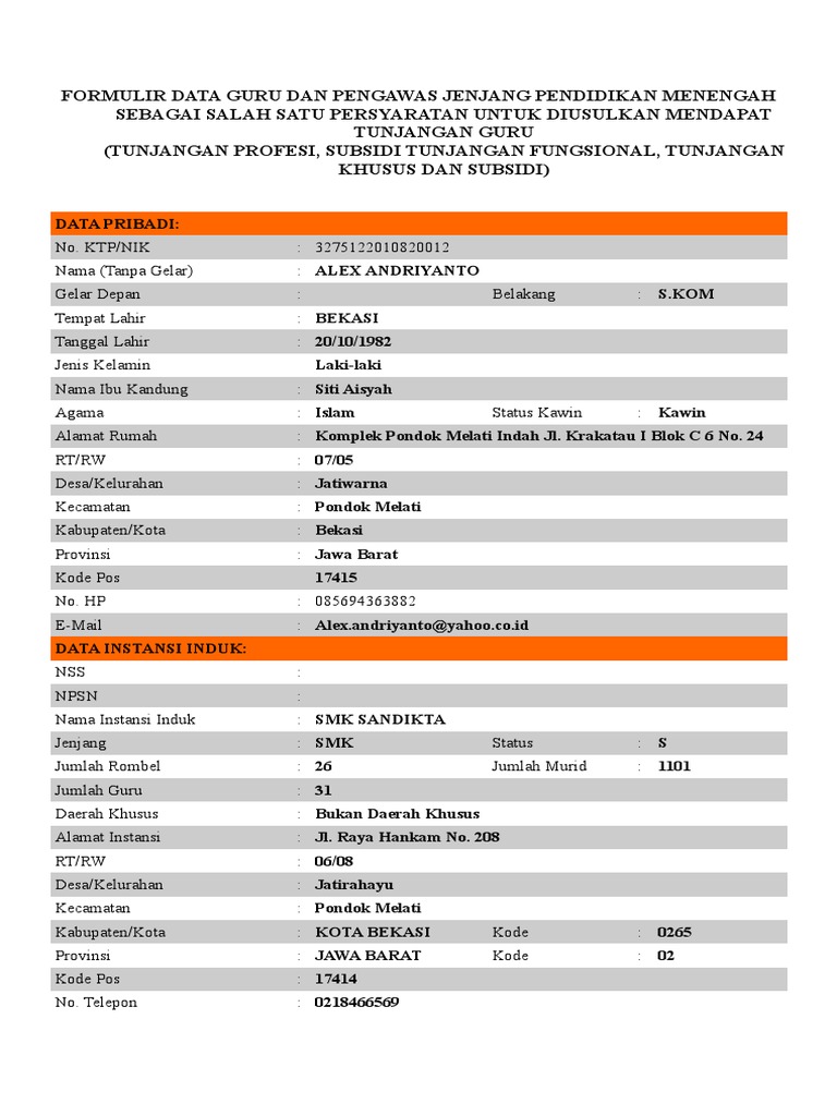 Formulir Data Guru Dan Pengawas Jenjang Pendidikan Menengah Contoh | PDF