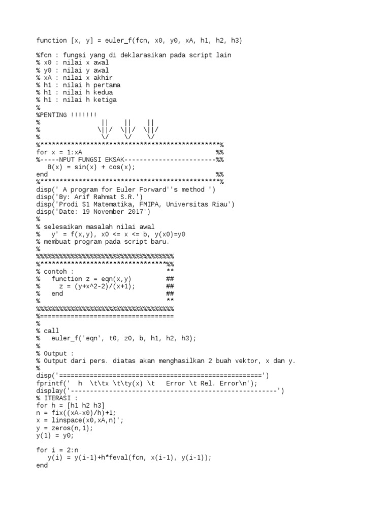 Koding Matlab Metode Euler | PDF