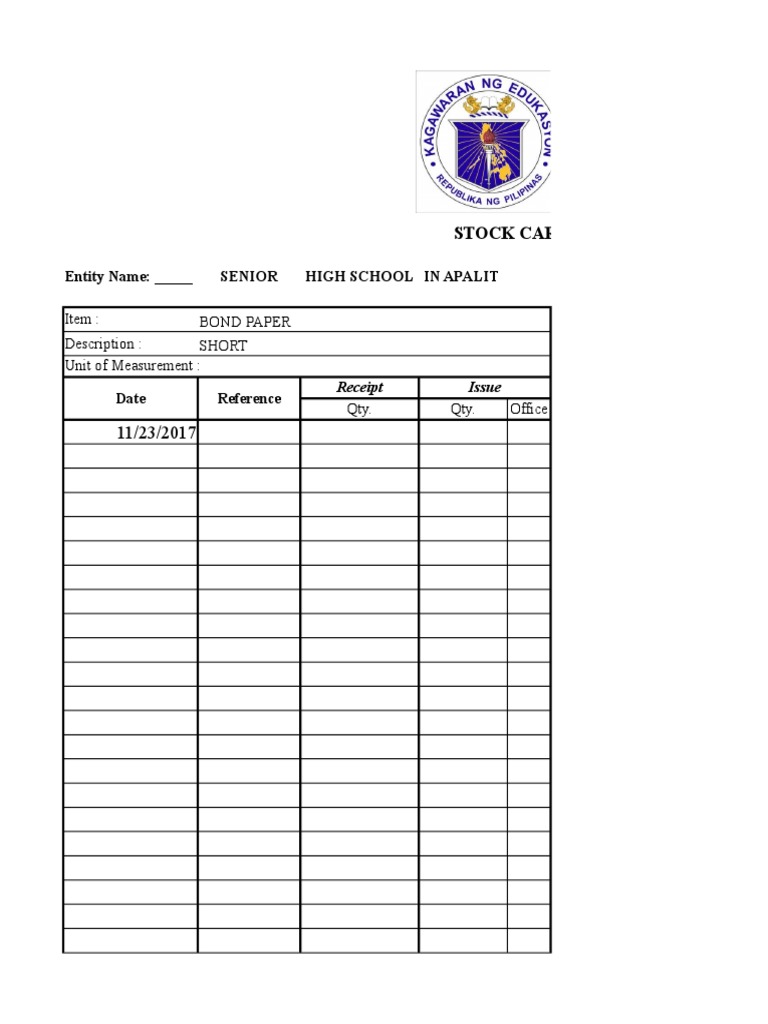 Stock Card: Entity Name: - Senior High School in Apalit | PDF